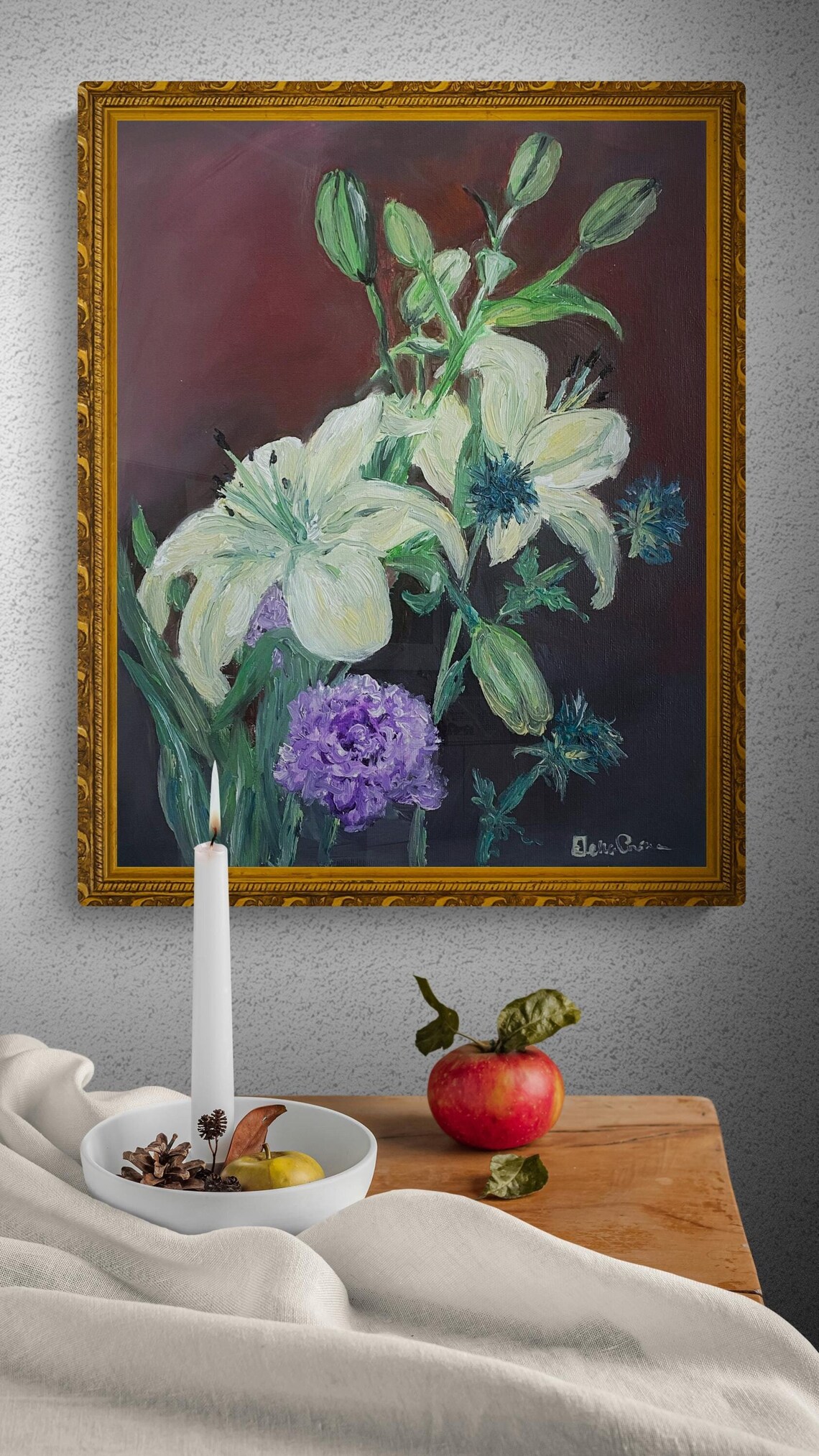 Still Life Original Oil Painting of Flowers, White Lilies and Purple ...