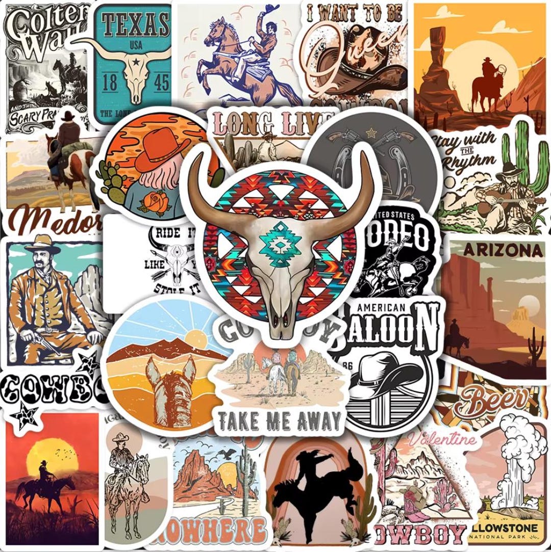 Wild West Cowboy Stickers Pack X50 Western Decals Set Vintage Outlaw ...