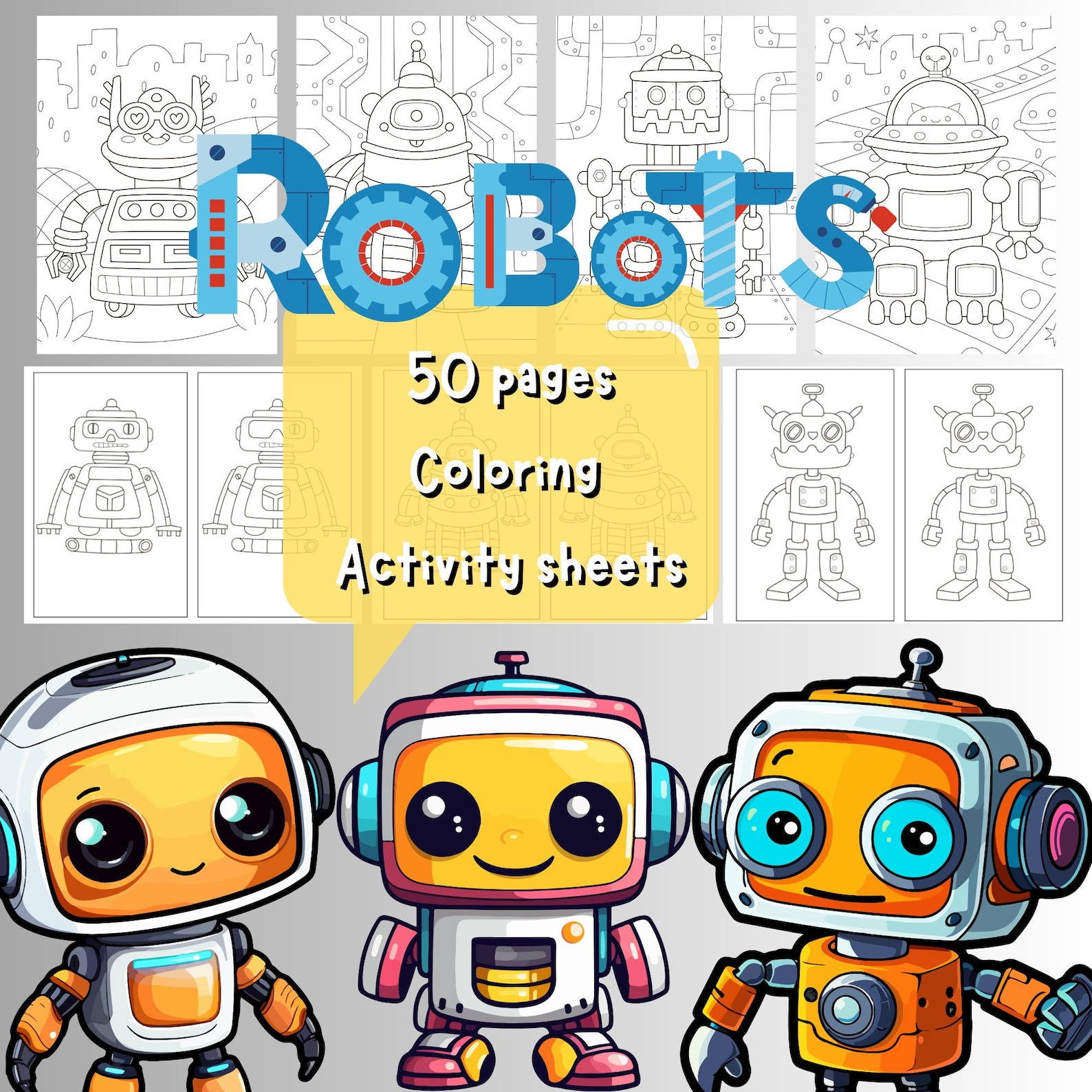 50 Robots Coloring, Activity Sheets for Kids Dot to Dot, Color, Spot ...