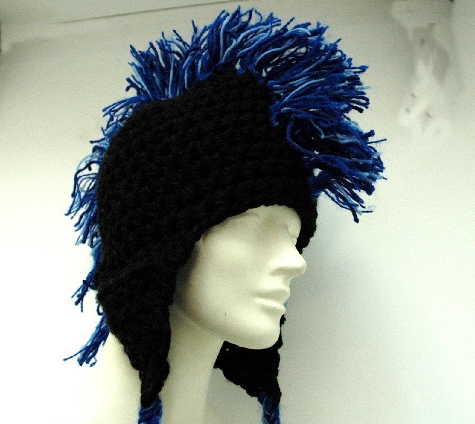 Black Earflap Hat With Blue Mohawk Handmade Gift Stocking - Etsy