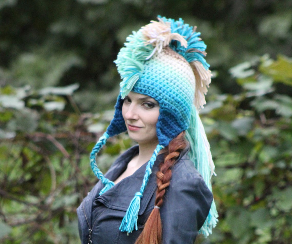 Mermaid Mohawk Blue Teal and Beige Hat Earthy Spirit Lake | Etsy