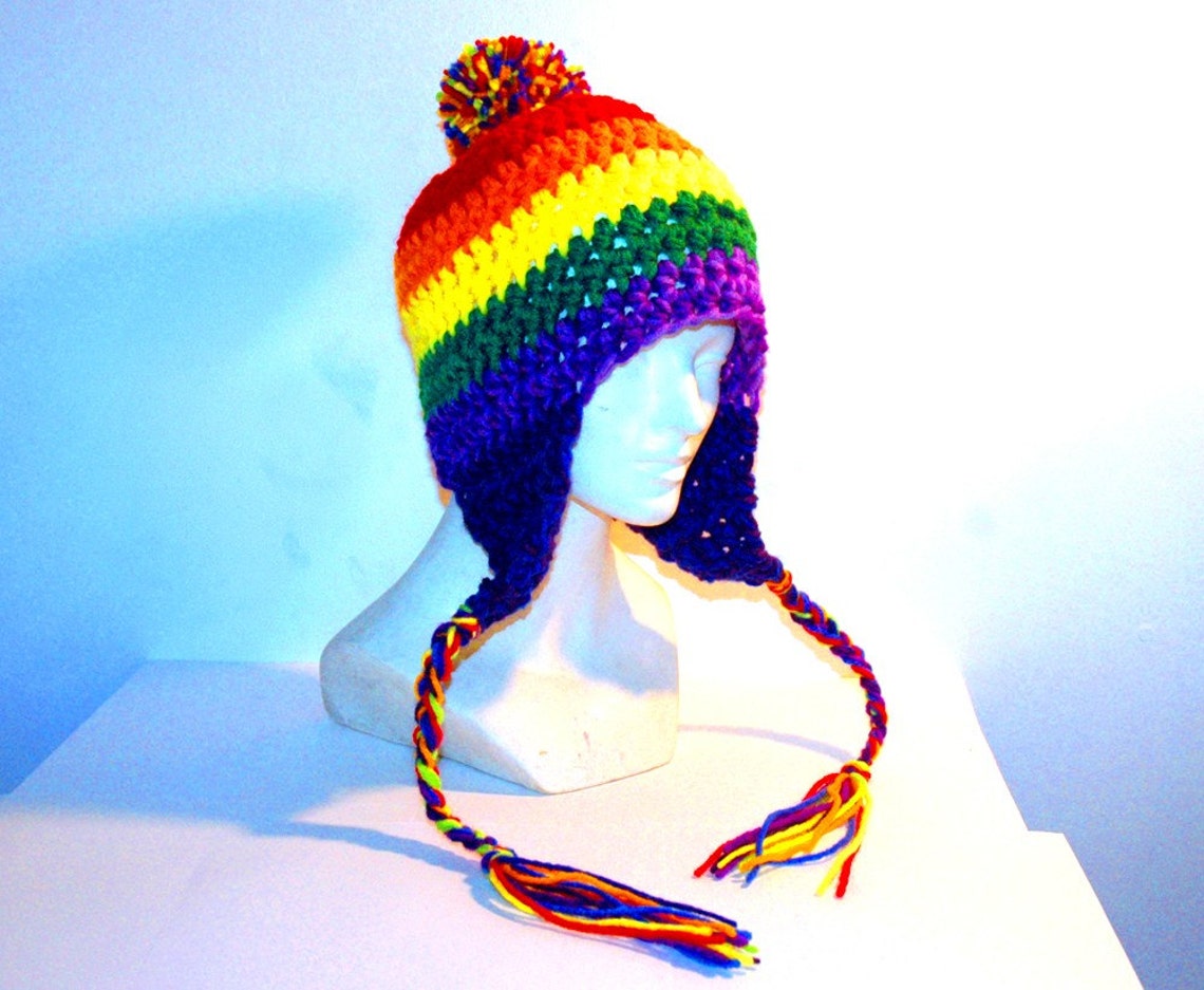 Striped Pompom Rainbow Earflap Hat - Etsy