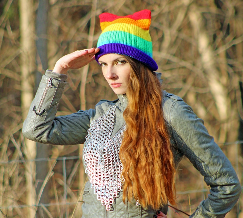 Rainbow Pussy Hat Lgbtq Pride Slouchy Cap Cat Kitten Ear Hat Etsy