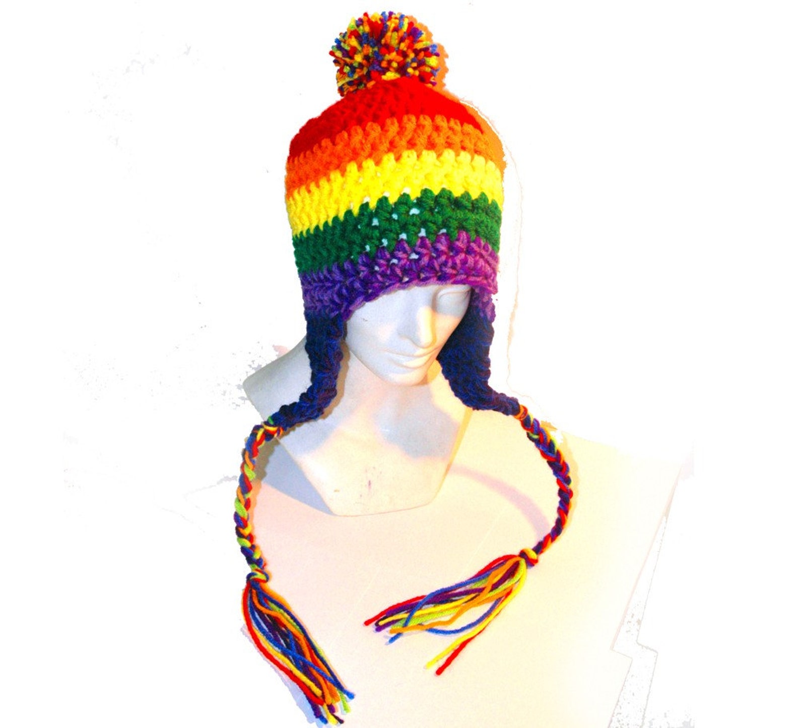 Striped PomPom Rainbow Earflap Hat | Etsy
