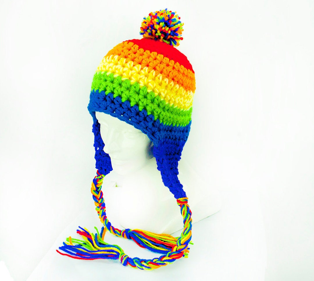 Striped Pompom Rainbow Earflap Hat - Etsy