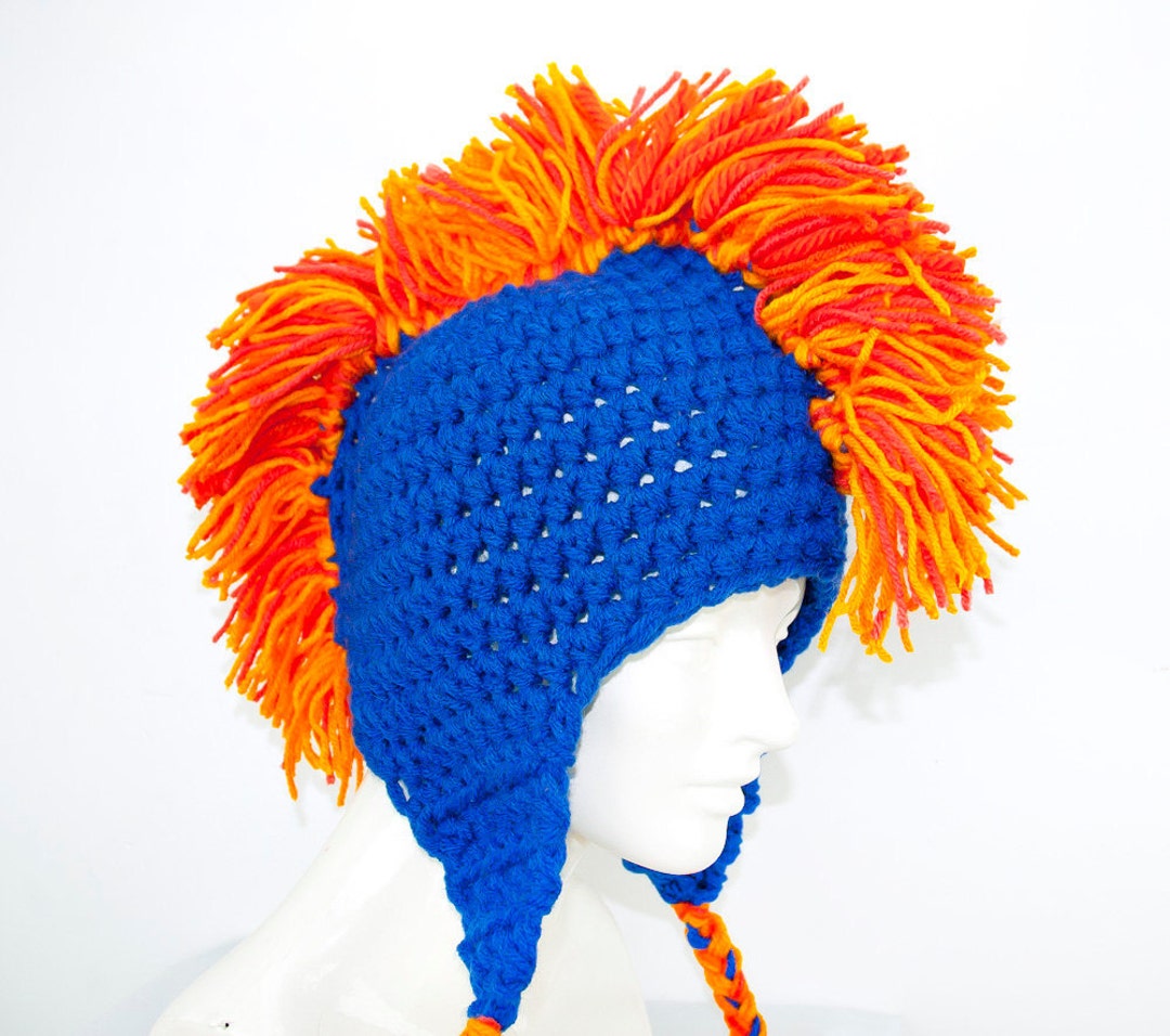 Blue and Orange Mohawk Earflap Hat Chicago Bears Colors Handmade Gift ...