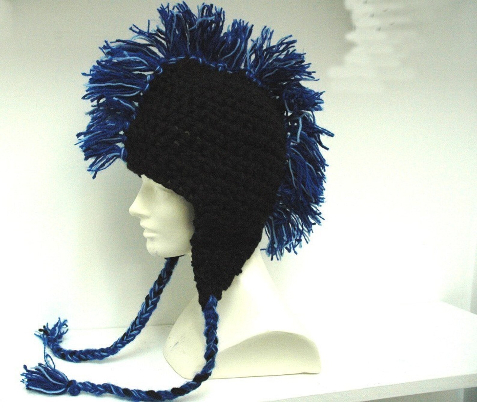 Black Earflap Hat With Blue Mohawk Handmade Gift Stocking - Etsy