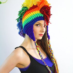 Rainbow Mohawk Hat Ear Flap Extreme Long Faux Hair Pride Stocking ...