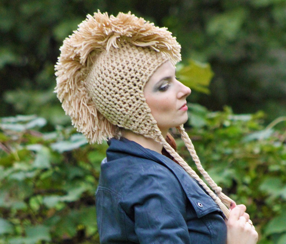 Crochet Mohawk Ear Flap Hat: Tan Handmade Winter Beanie - Etsy