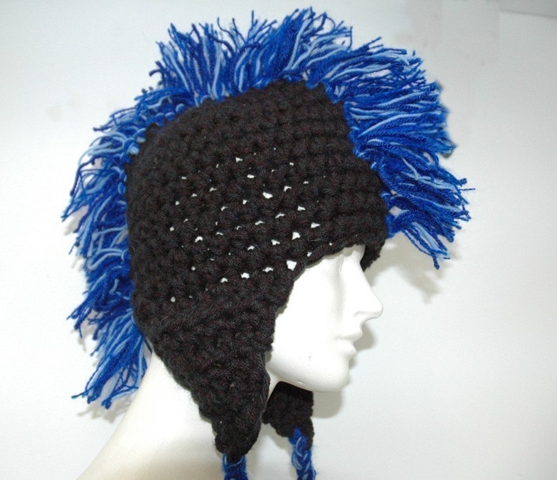 Black Earflap Hat With Blue Mohawk Handmade Gift Stocking - Etsy