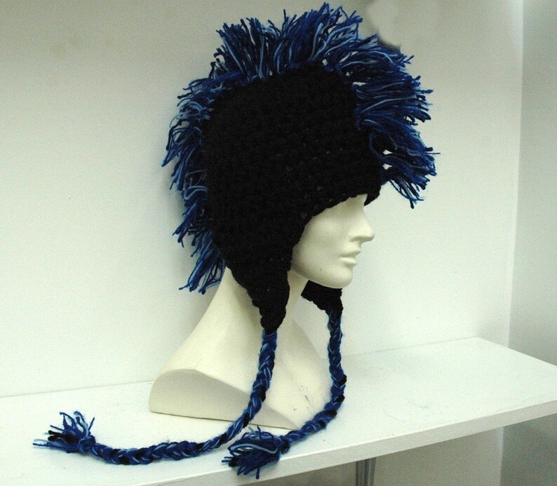 Black Earflap Hat With Blue Mohawk Handmade Gift Stocking - Etsy