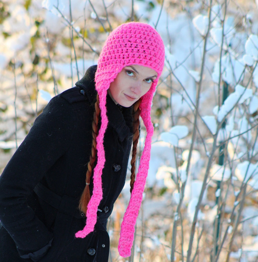 Hot Pink Long Ear Flap Hat Beanie Scarf Gifts for Her Stocking Stuffer ...