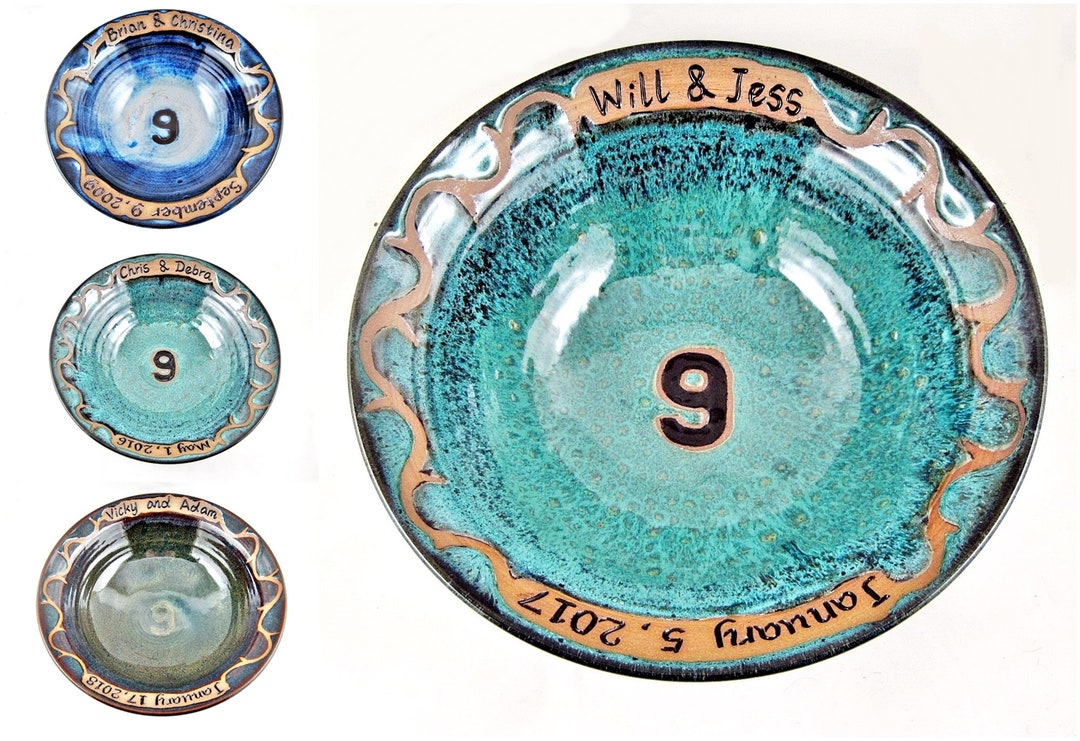 Personalized Teal Blue Pottery Bowl for 9th Anniversary, Engraved With ...