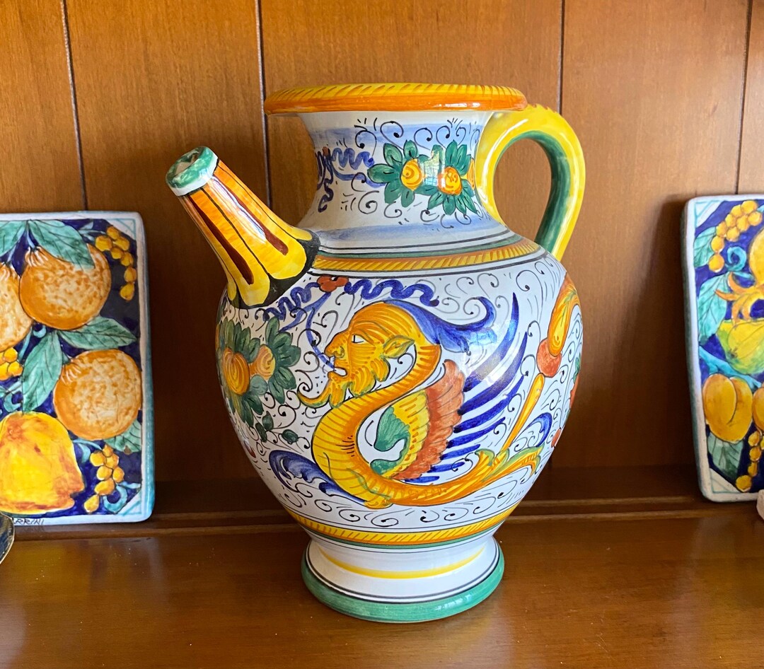 9” Inch Spouted Water Pitcher~ Vintage Raffaellesco Deruta Pottery W ...