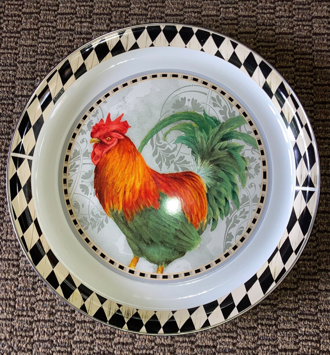 French Rooster Royale 16” Large Round Enamelware Serving Metal Tray ...