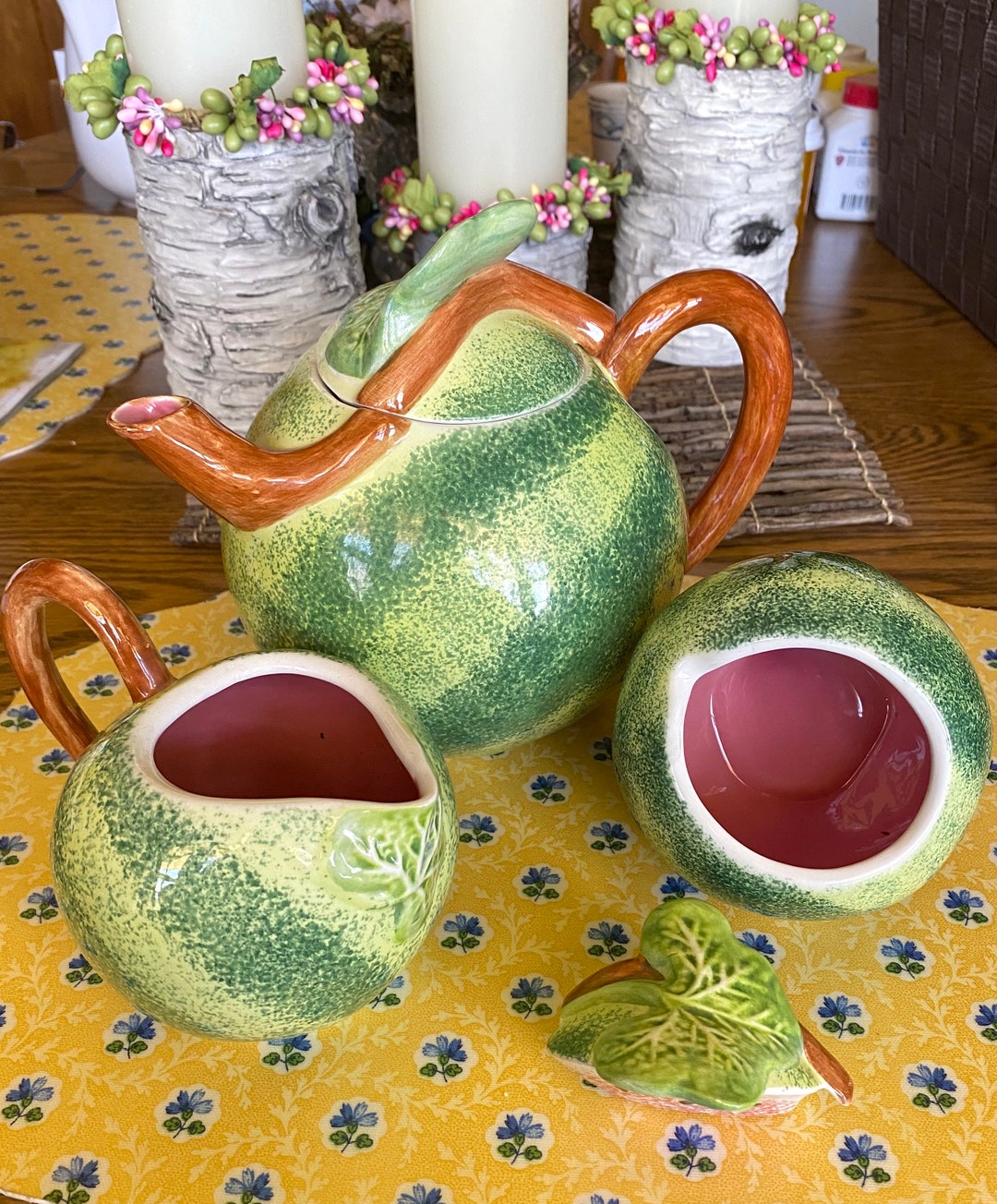 3 Vintage Ceramic Watermelon Tea Set~ Handle Teapot~ Sugar Bowl/ Lidded ...