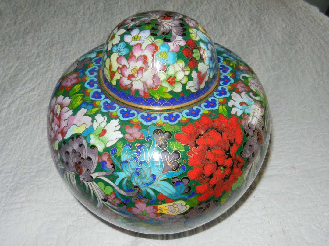 Sale Pair Of Chinese Enamel Gilded Metal Cloisonne Ginger Jars Asian