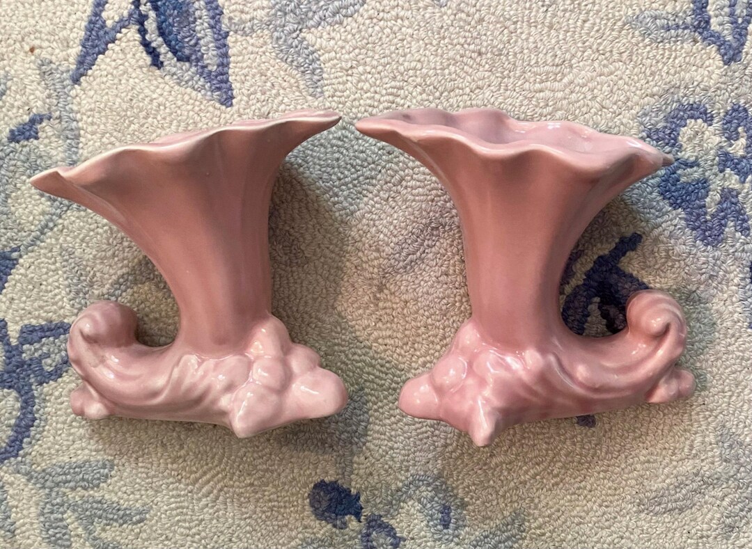 5” Pair of Vintage 1940s Majolica Style Pink Cornucopia Pottery Flower ...