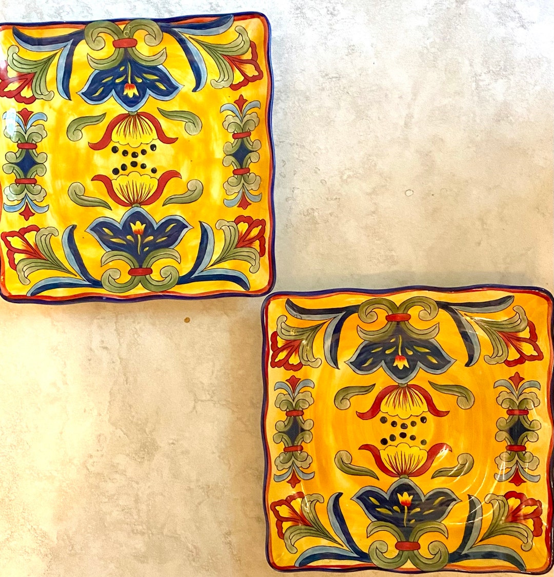 2 Maxcera Yellow Talavera Pattern 9” Scalloped Square Salad Plates ...
