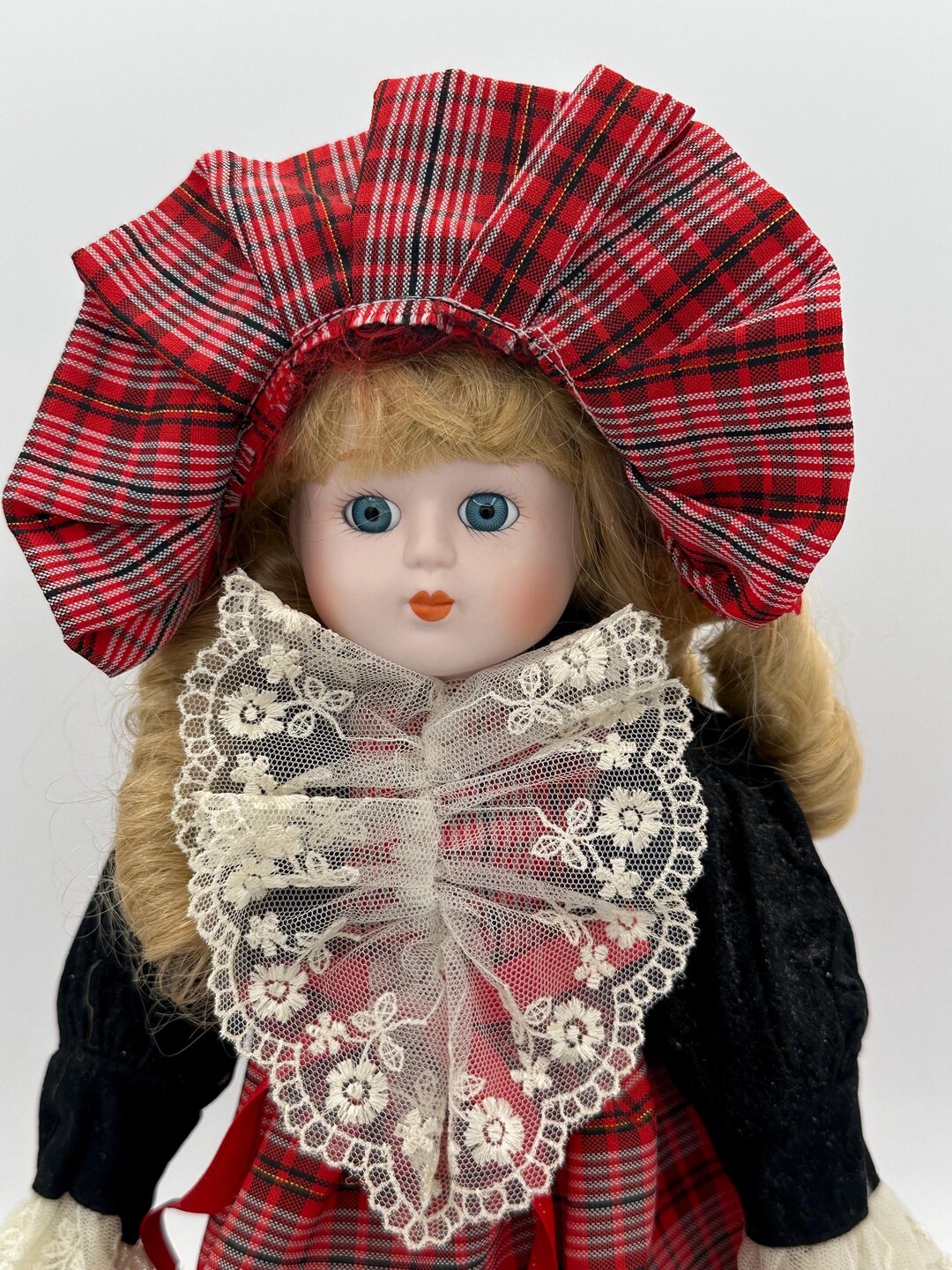 Vintage Porcelain Doll, Plaid Dress, 14 Inch - Etsy