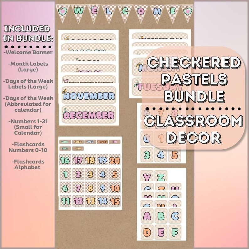 Checkered Pastel Classroom Decor Bundle Class Decoration Calendar ...