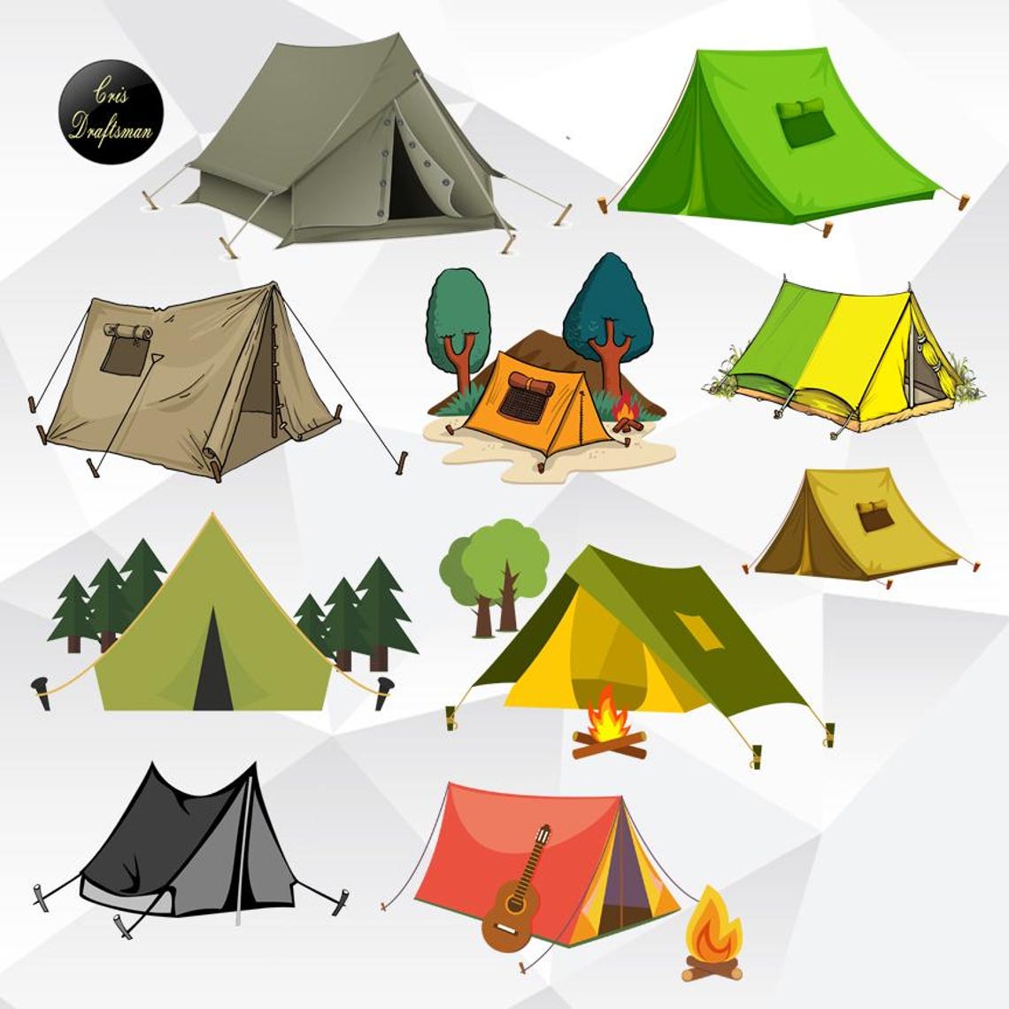 Tent Camp Camping Travel Clipart, Digital Print, Printable, Sticker ...