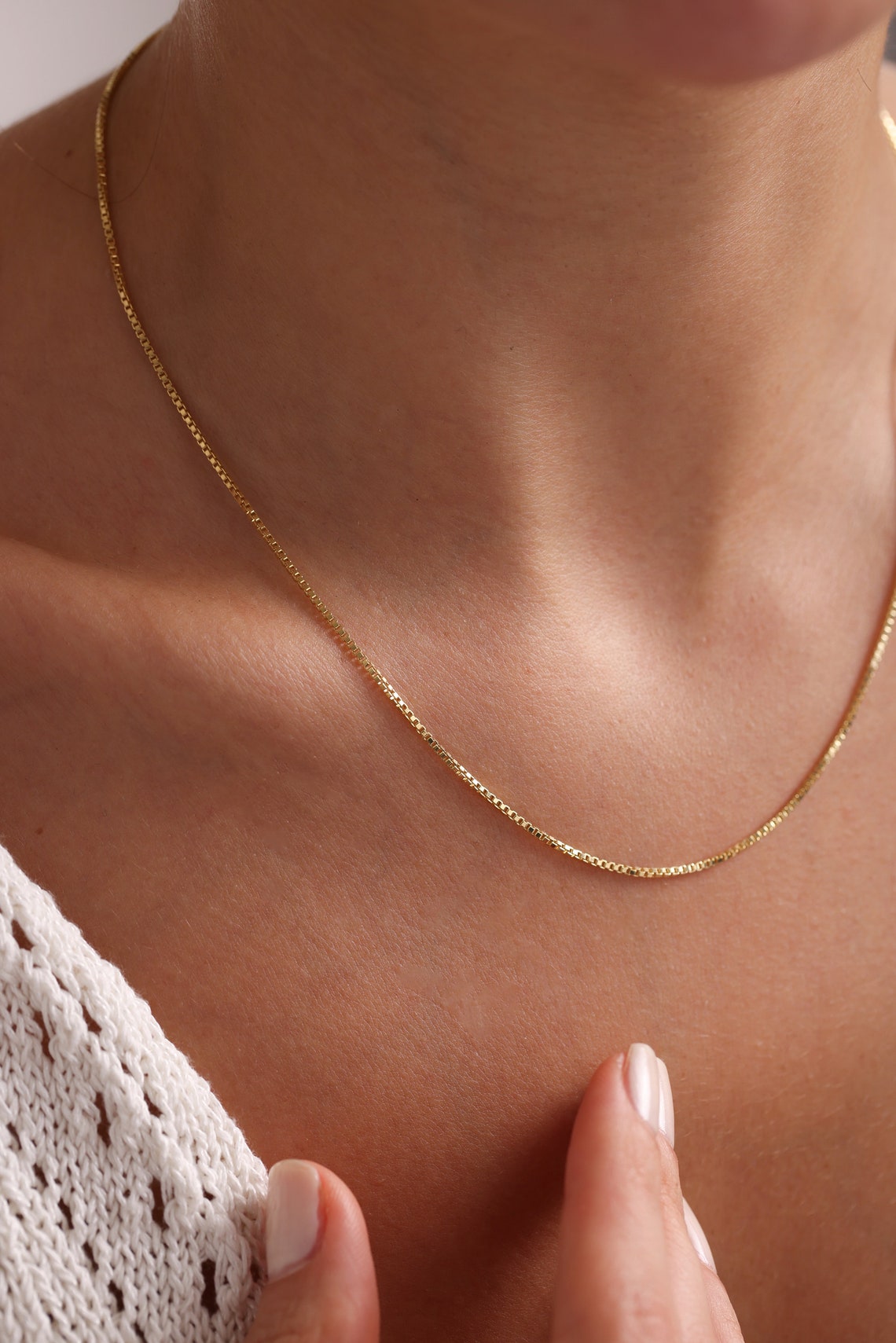 14K Solid Gold Box Chain Necklace: Minimalist Layering Chain - Etsy