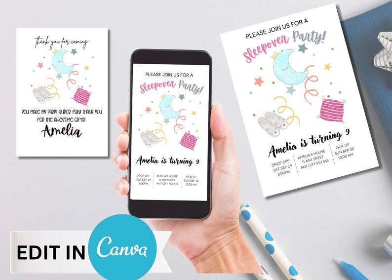 Editable Sleepover Party Invitations for Girls Customize With Canva ...
