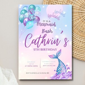 Editable Mermaid Birthday Invitation Customize With Canva Printable ...