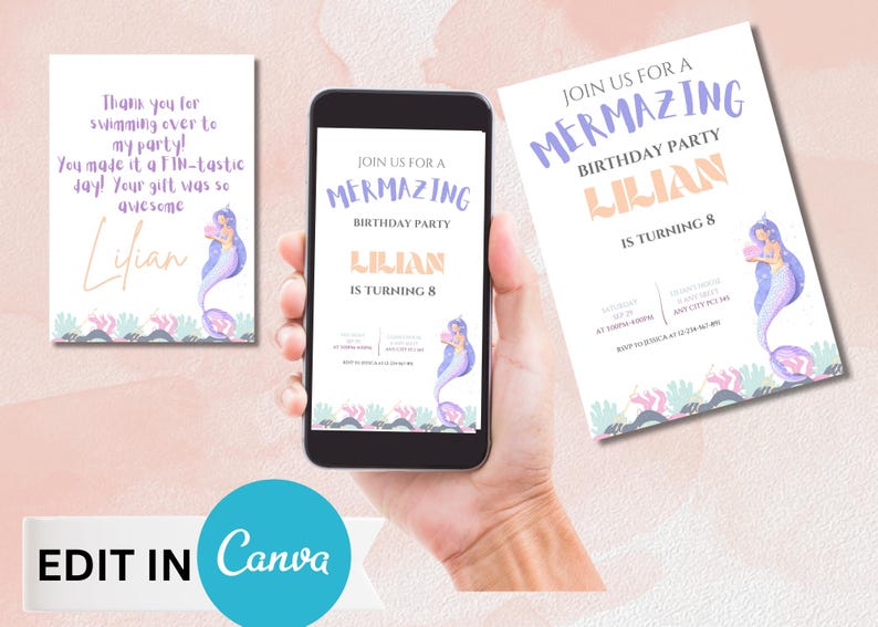 Editable Mermaid Birthday Invitation Customize With Canva Printable ...