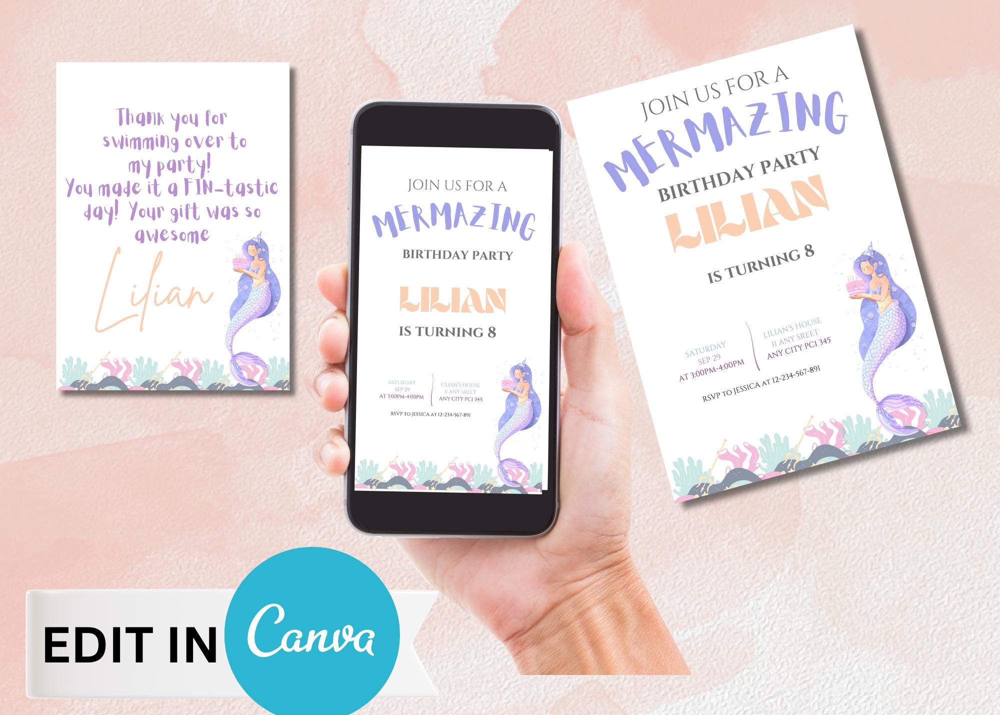 Editable Mermaid Birthday Invitation Customize With Canva Printable ...