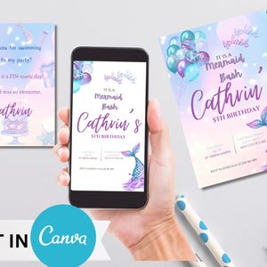 Editable Mermaid Birthday Invitation Customize With Canva Printable ...