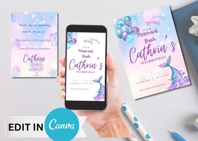 Editable Mermaid Birthday Invitation Customize With Canva Printable ...