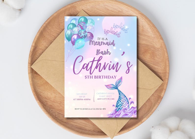Editable Mermaid Birthday Invitation Customize With Canva Printable ...