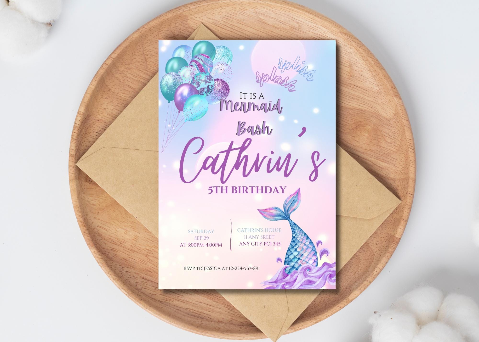 Editable Mermaid Birthday Invitation Customize With Canva Printable ...