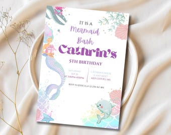 Editable Mermaid Birthday Invitation Customize With Canva Printable ...