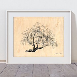 Old Oak Tree Art Print on Wood Veneer - Line Art - Oak Tree Print ...