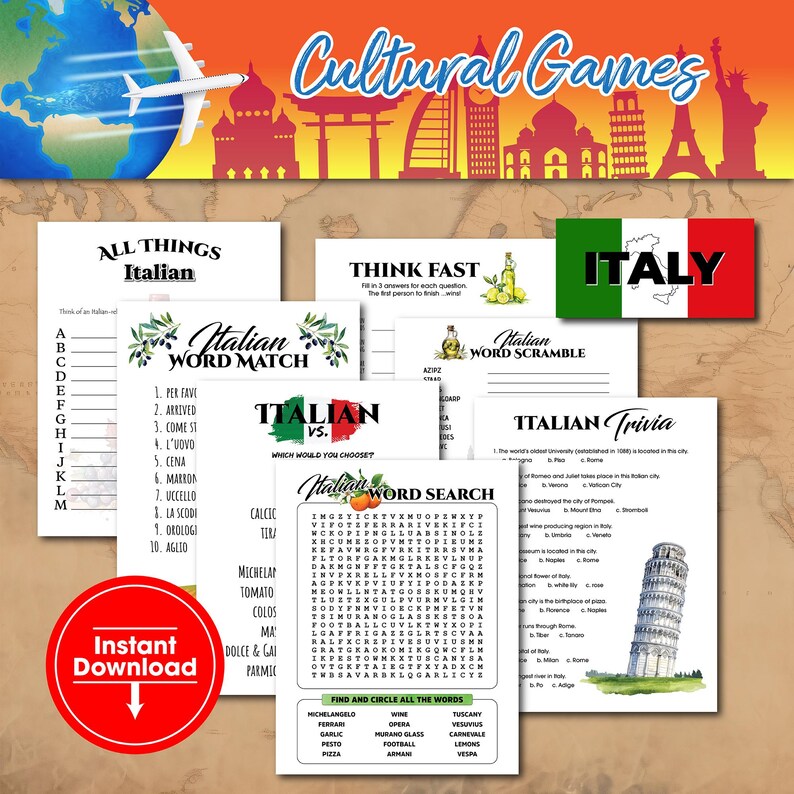Italian Printable Games Pack, Cultural Activities Bundle, Italy ...