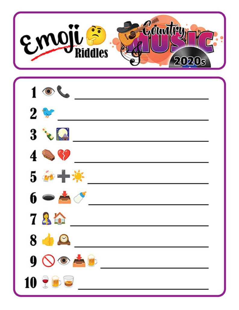 Country Music Emoji Printable Game 2020s - Fun Digital Download, Party ...