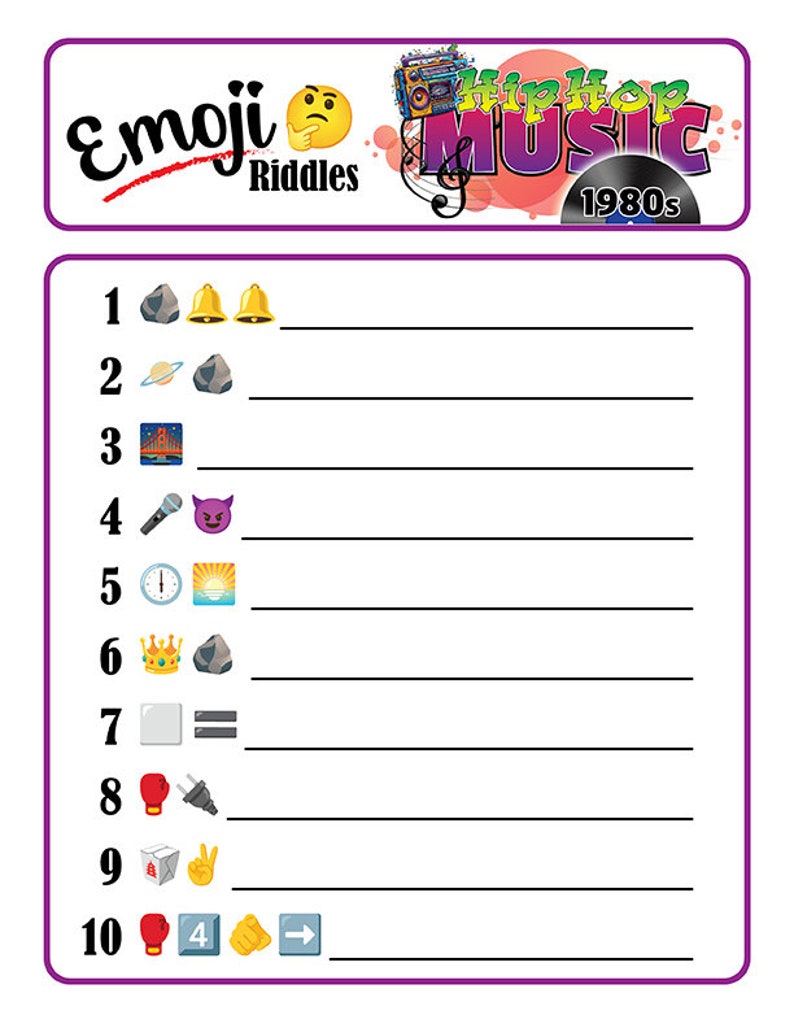 1980s Hip Hop Music Emoji Game, Emoji Pictionary, Games for Music ...