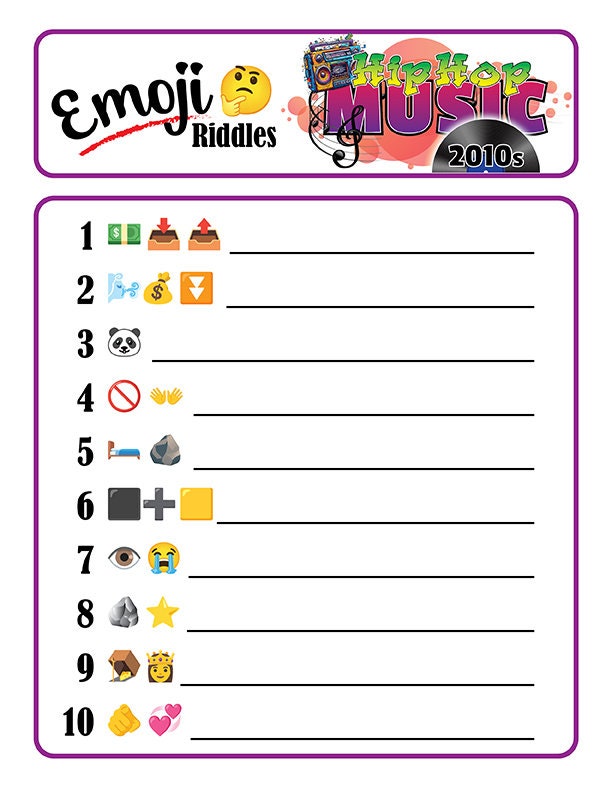 2010 Hip Hop Emoji Game Night - Print & Play Pictionary for Music ...