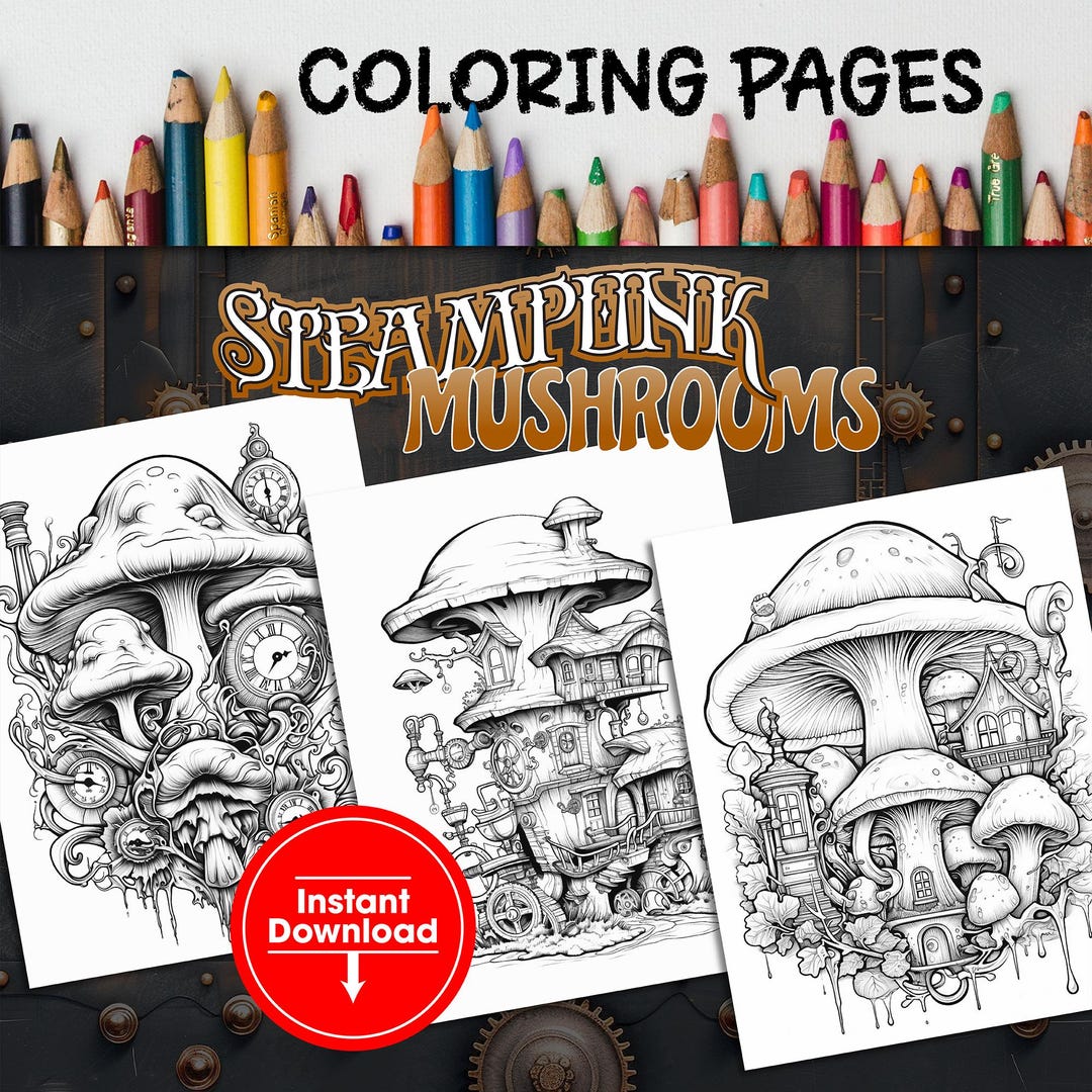 Steampunk Mushroom Coloring Pages, Adult Coloring Pages, Fly Agaric Art ...