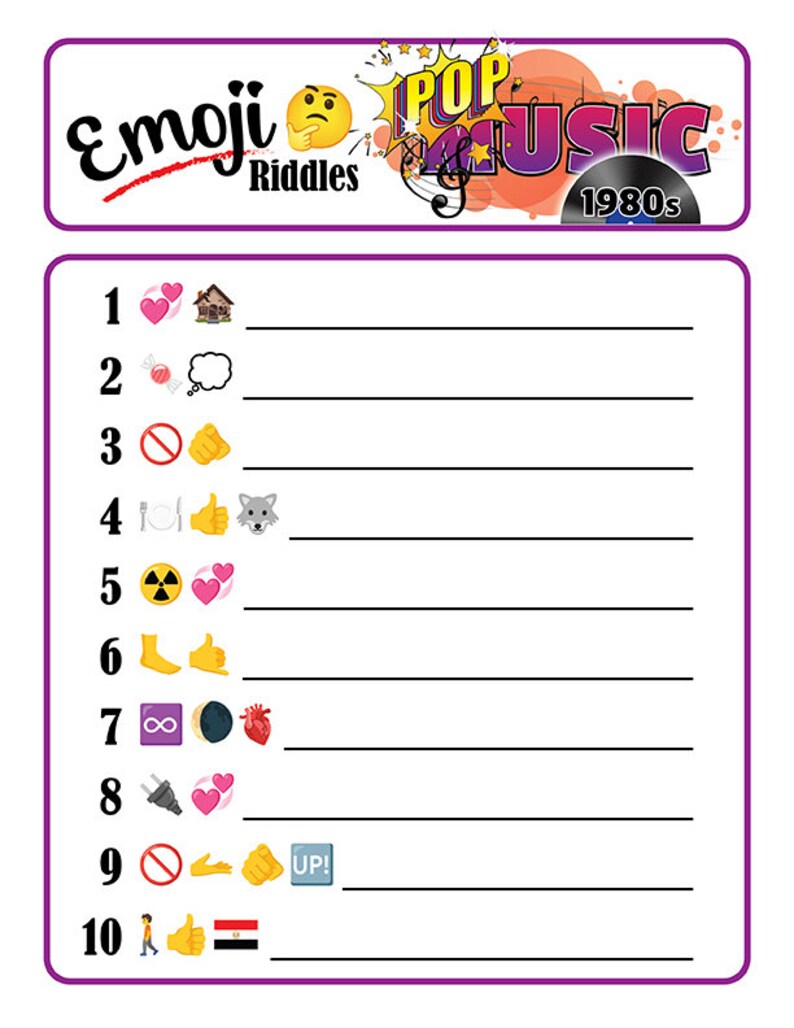 1980s Pop Emoji Pictionary Game, Pop Music Game, Music Themed Emoji ...