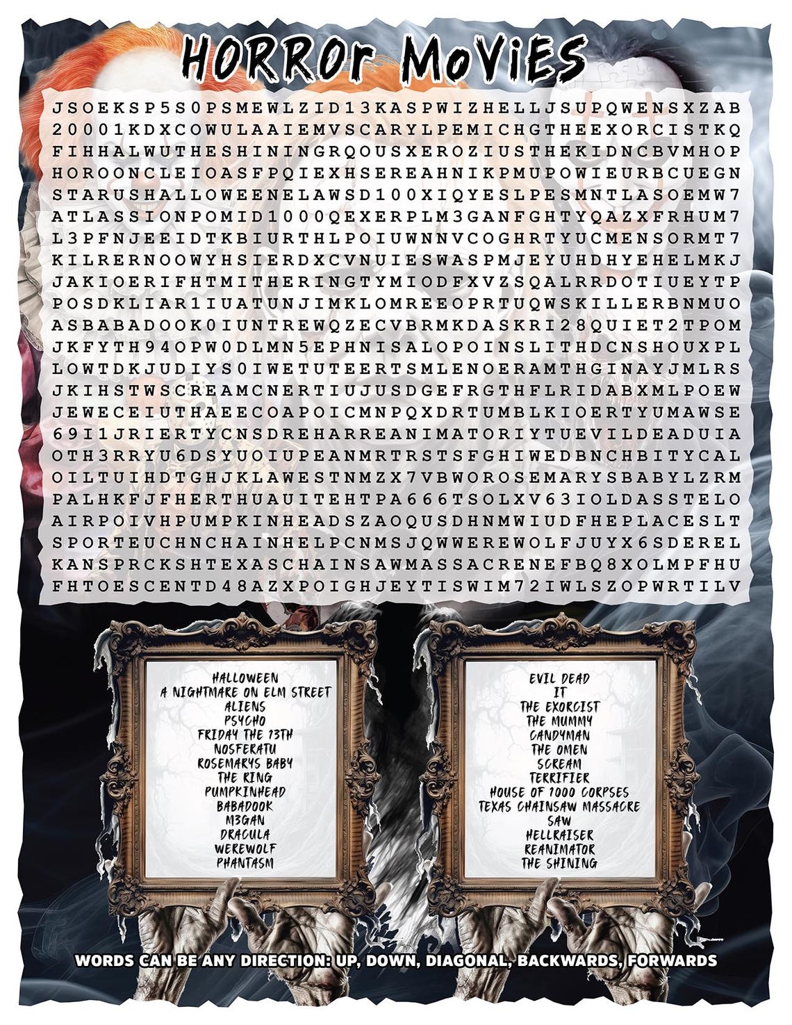 Horror Movie Printable Word Search, Halloween Adult Party Games, Horror ...
