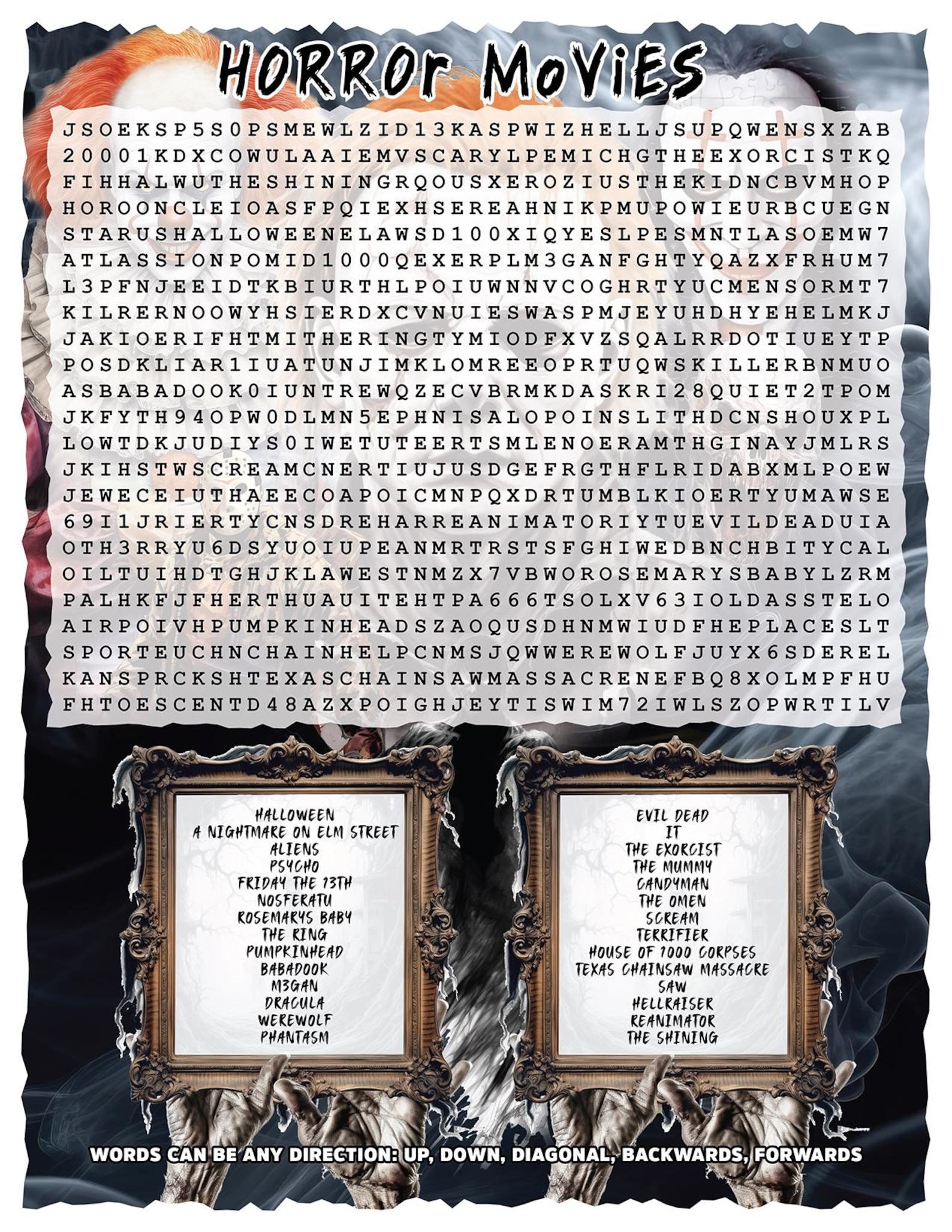 Horror Movie Printable Word Search, Halloween Adult Party Games, Horror ...
