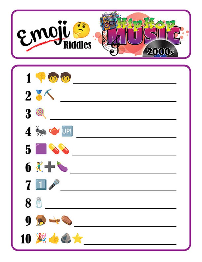 2000s Hip Hop Music Emoji Quiz - Instant Download Game, Music Printable ...