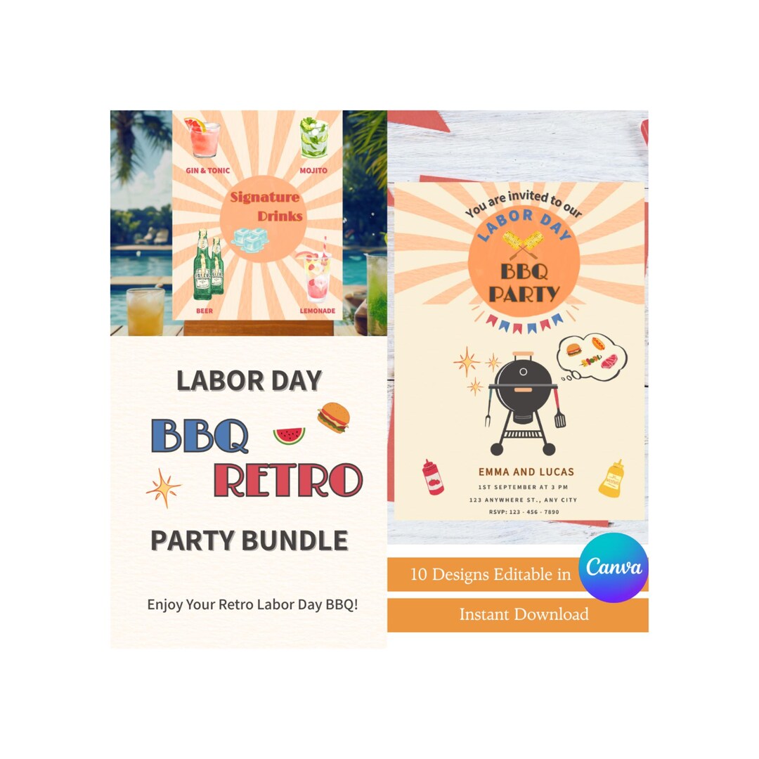 Retro Labor Day BBQ Invitation Bundle | Vintage Summer Cookout Party ...