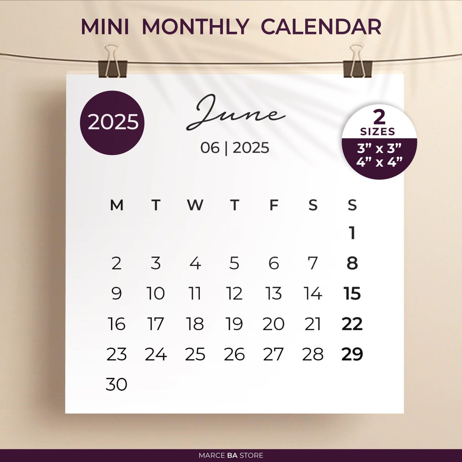 2025 Mini Monthly Calendar Cards. Elegant Pocket Calendar Square ...