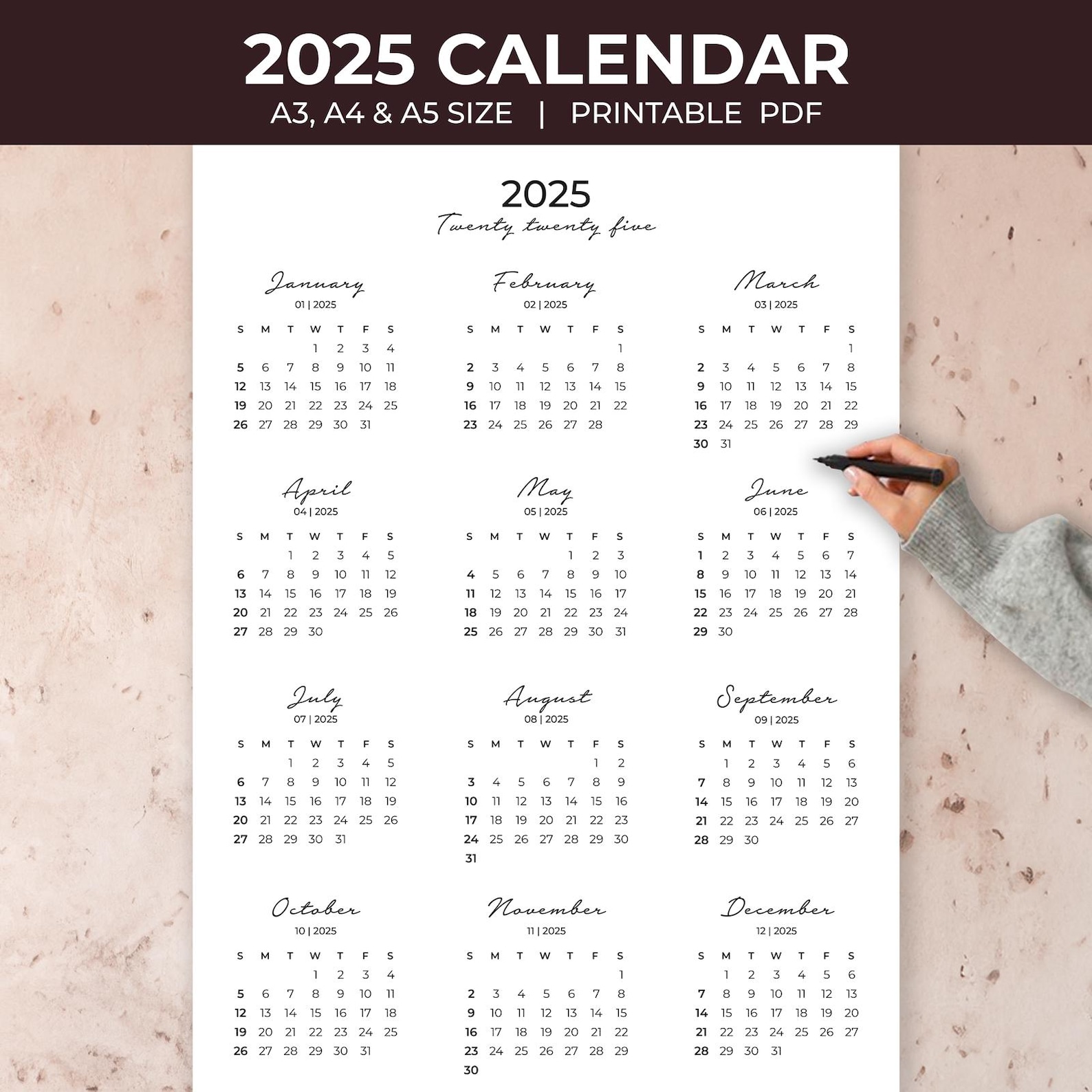 2025 Yearly Calendar PDF Printable. Year at a Glance Portrait Calendar ...