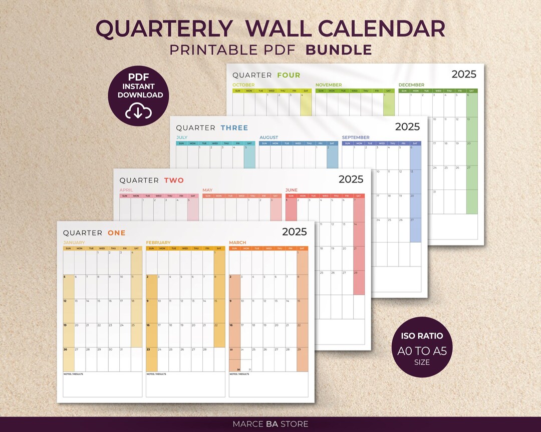 2025 Quarterly Wall Calendar & Planner Set Digital Download, Horizontal ...